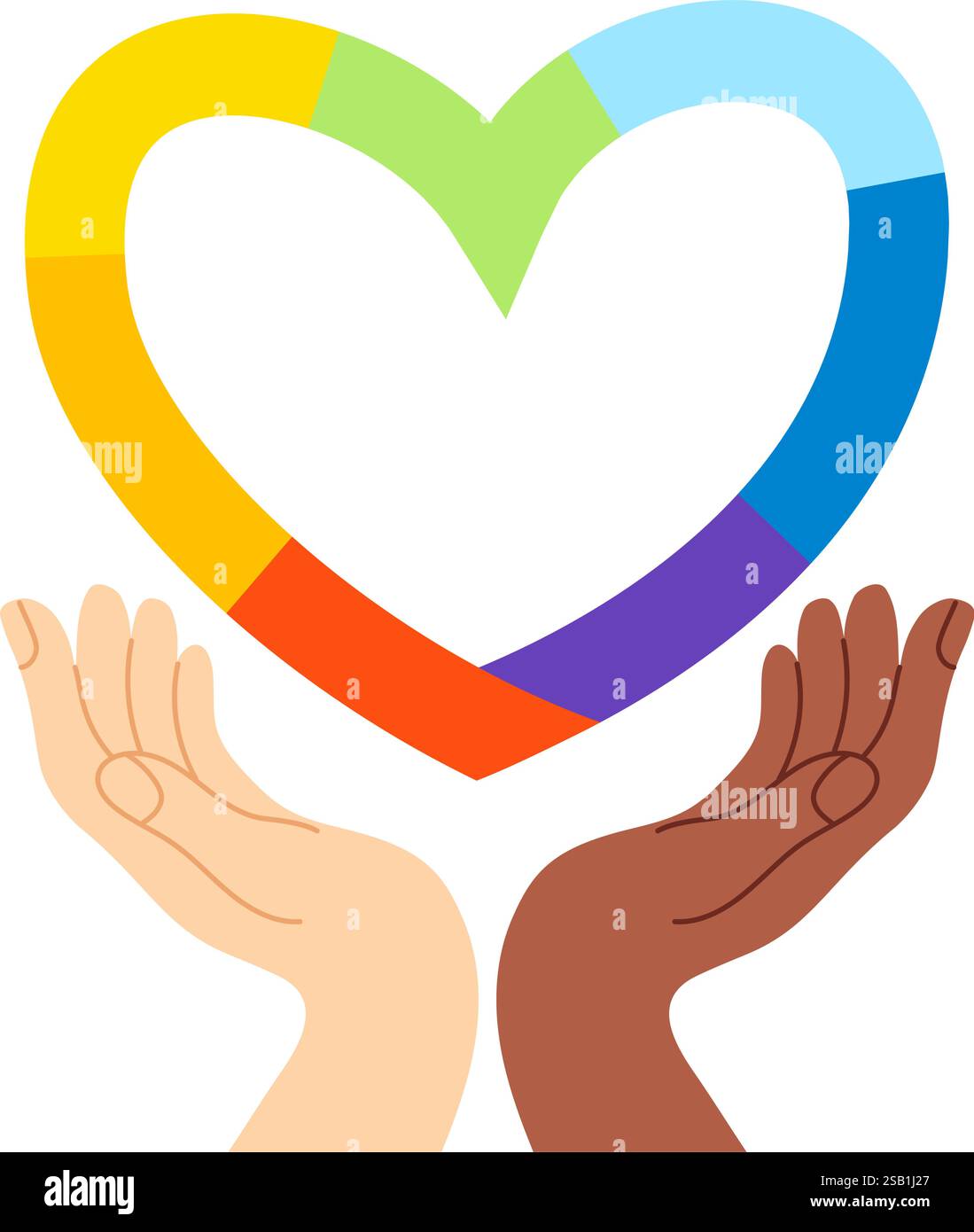 Diverse hands holding colorful rainbow heart. Symbol unity, diversity ...