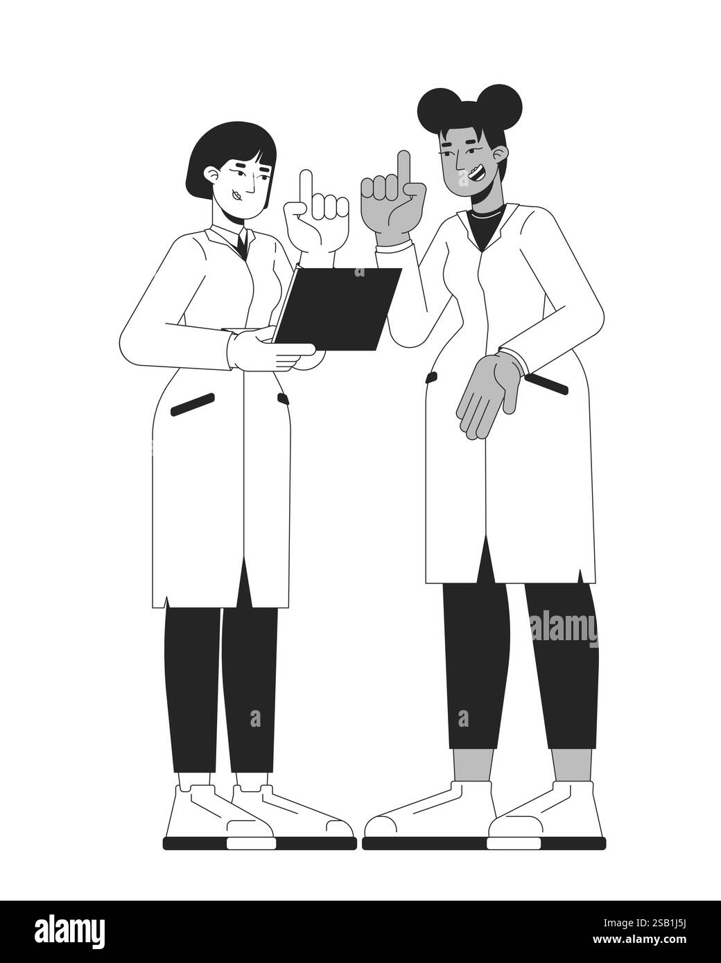 Female STEM scientists collaborating on research linear illustration ...