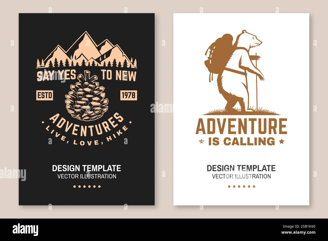 Set of hiking outdoor adventure flyer, poster, banner with hiker bear ...