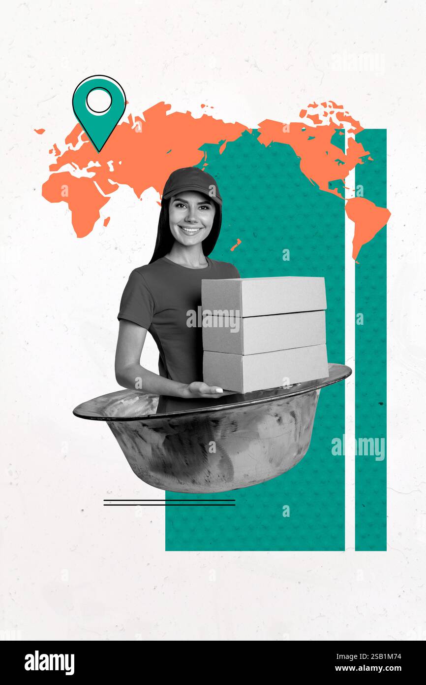 Poster image vertical photo collage of happy girl postal worker hold ...