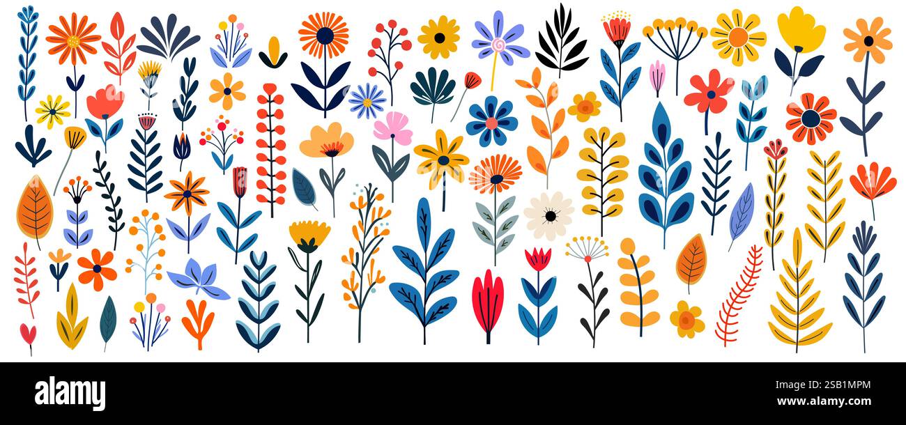 Abstract Hand drawn wildflowers, set flowers and leaves, flat icons ...