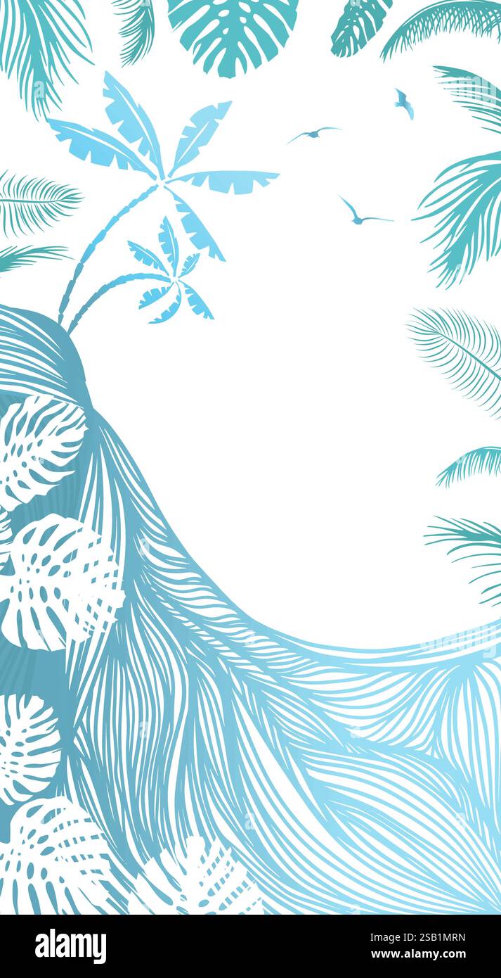Vertical background palm trees and sea graphic lines. Hand drawing. Not ...