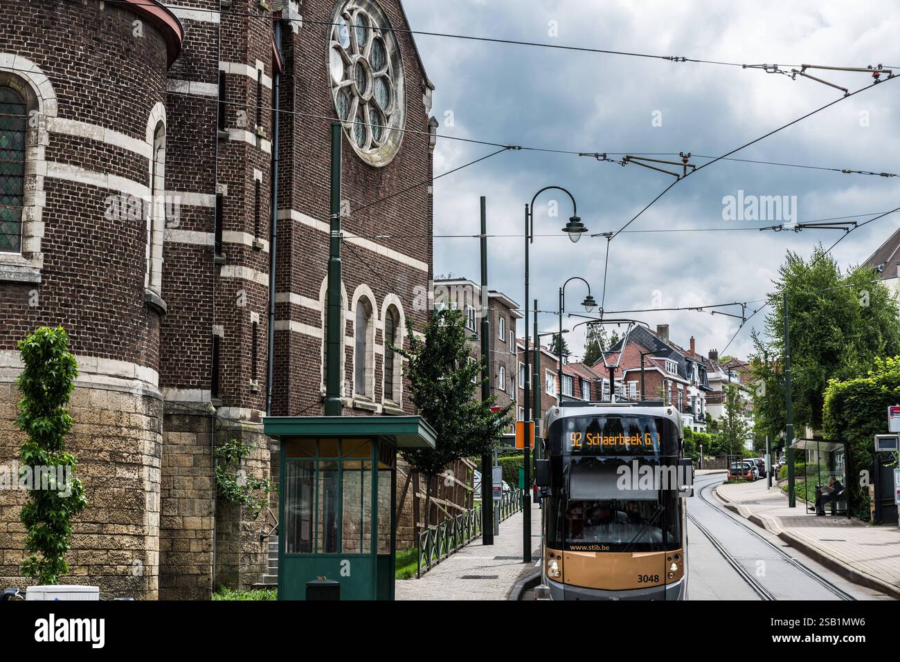 Uccle, Brussels Belgium - 06 14 2019 Saint Job city square with church ...