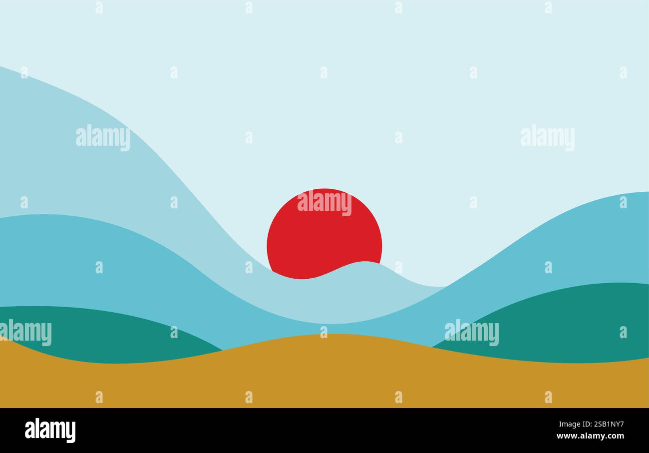 Mountain and Sunrise With Wave Vector Illustration Stock Vector Image ...