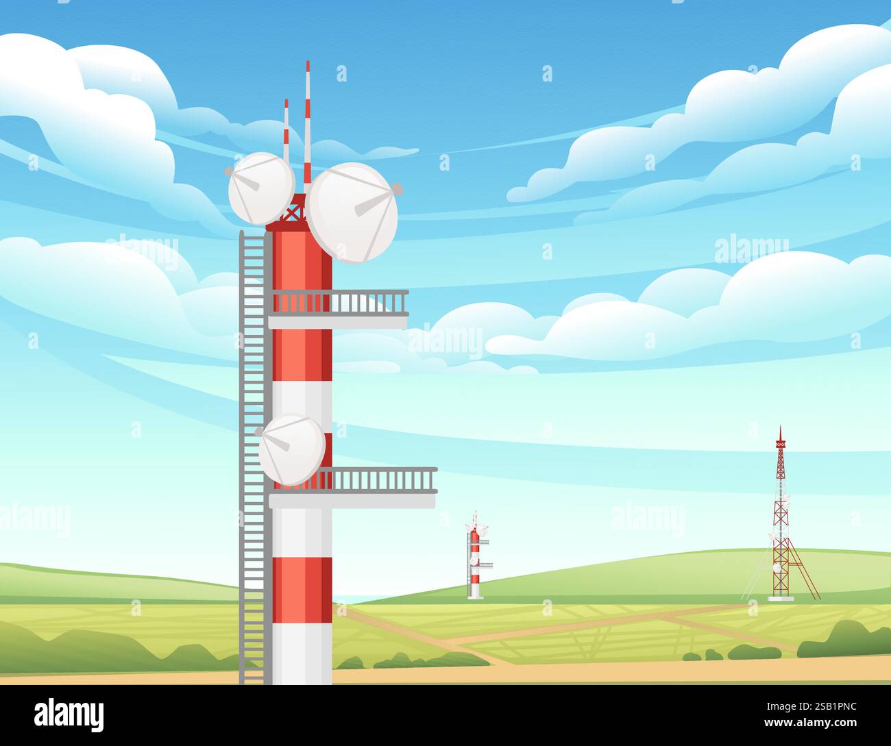Striped communication tower fitted with satellite dishes. Broadcasting tower for signal ...