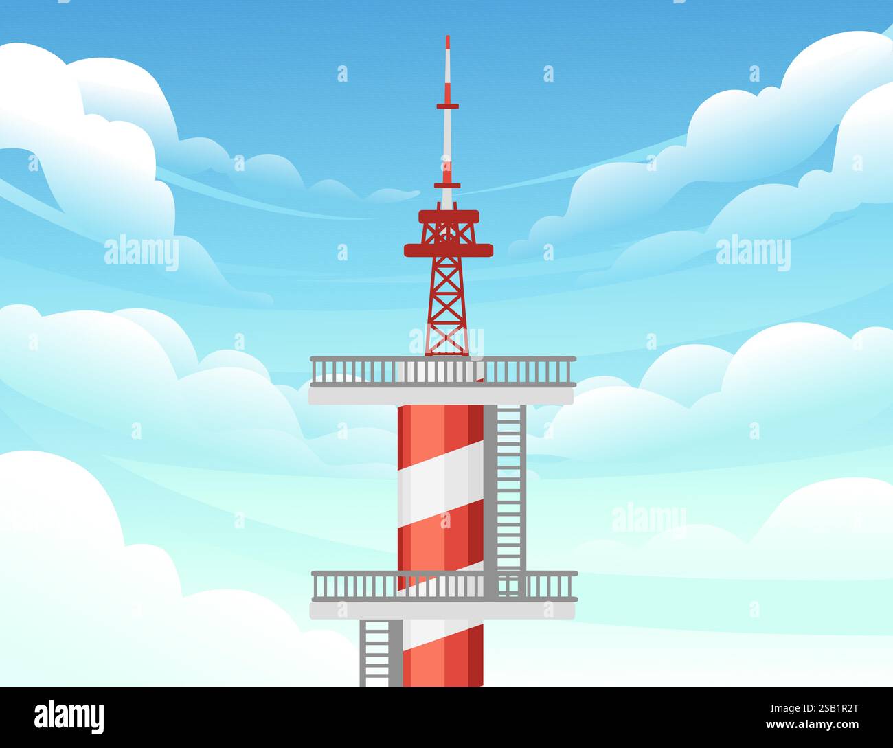 Red and white striped broadcasting pylon with large satellite dishes ...
