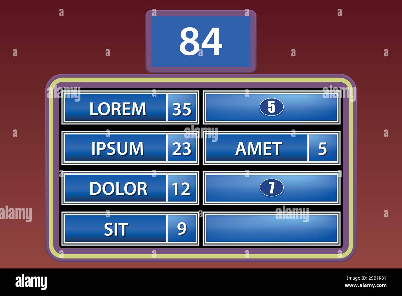 Game show scoreboard with blue panels displaying answers, points, and a ...