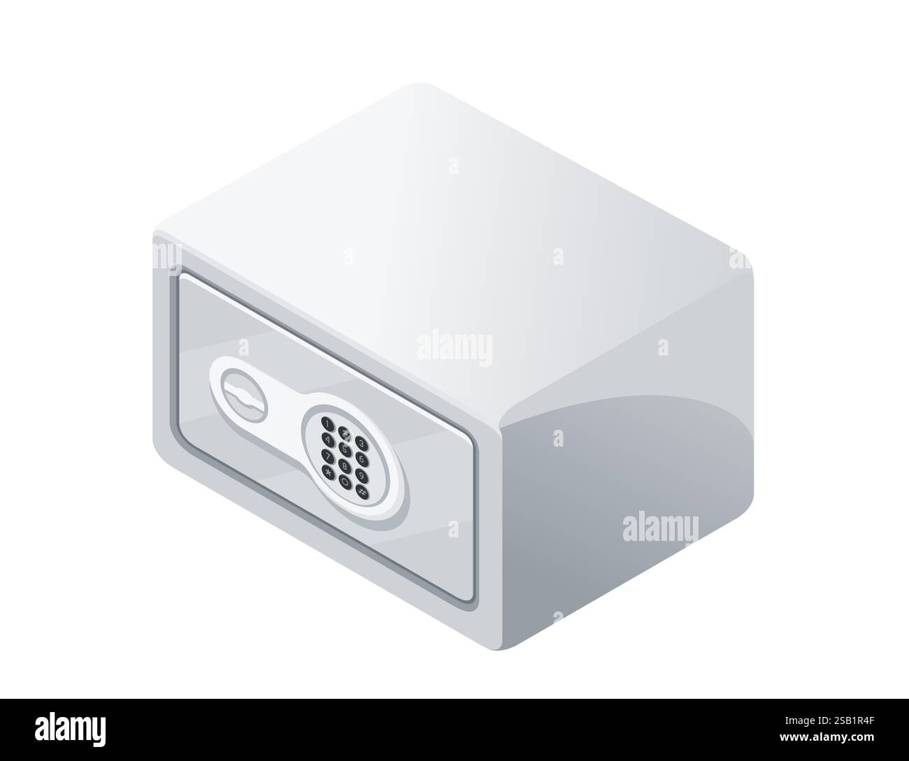 Isometric, white safety box with a numeric keypad lock. Rectangular ...