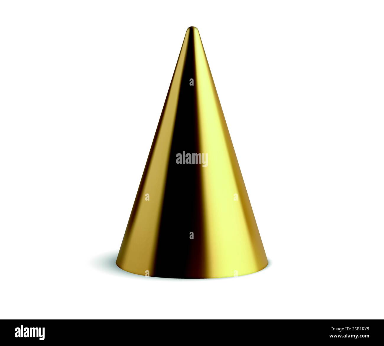 A sleek, golden cone with a reflective surface placed on a clean white ...