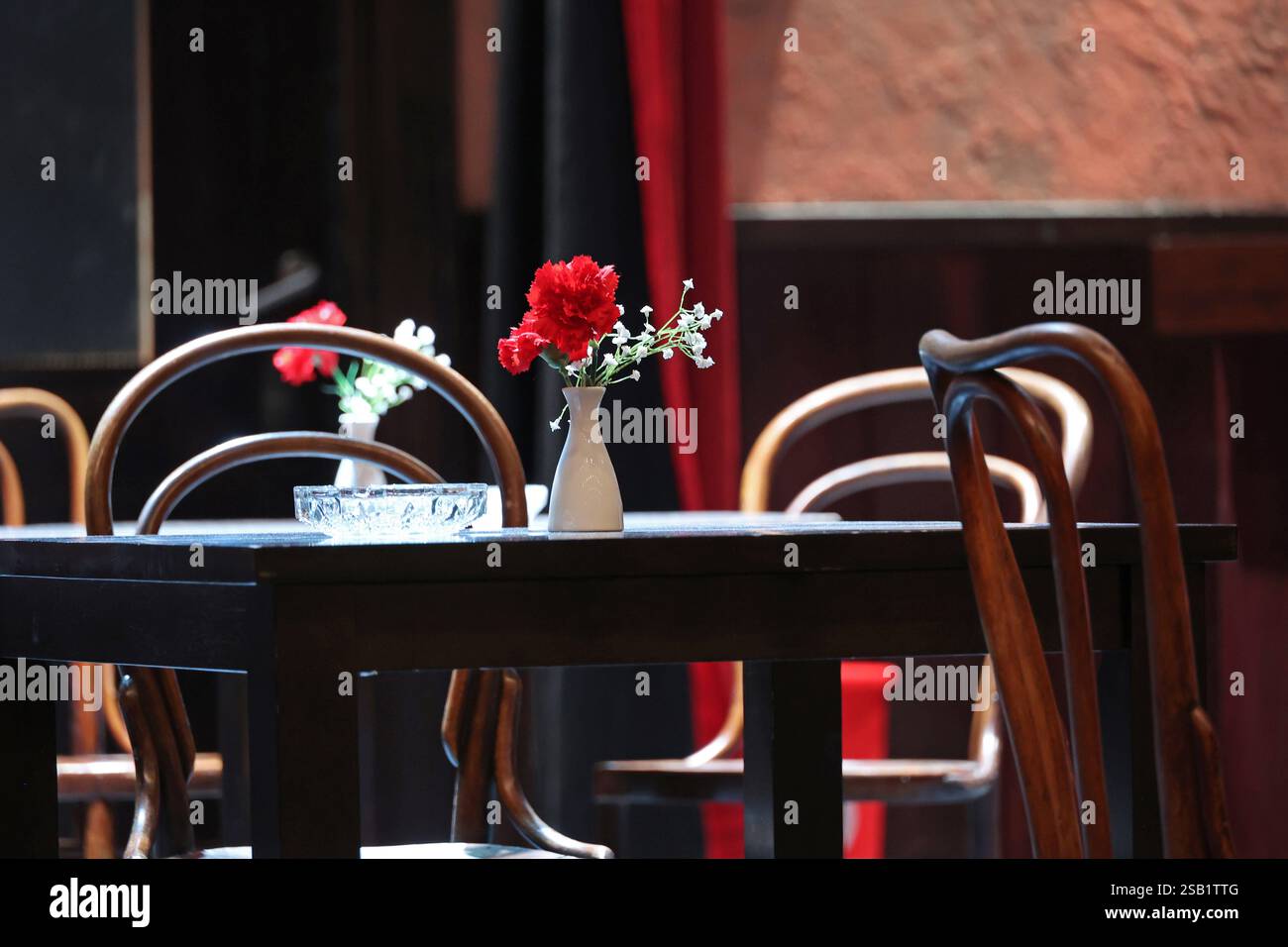 Rote Nelken in kleiner, weisser Vase im Buehnenbild des Theaterstueckes ...