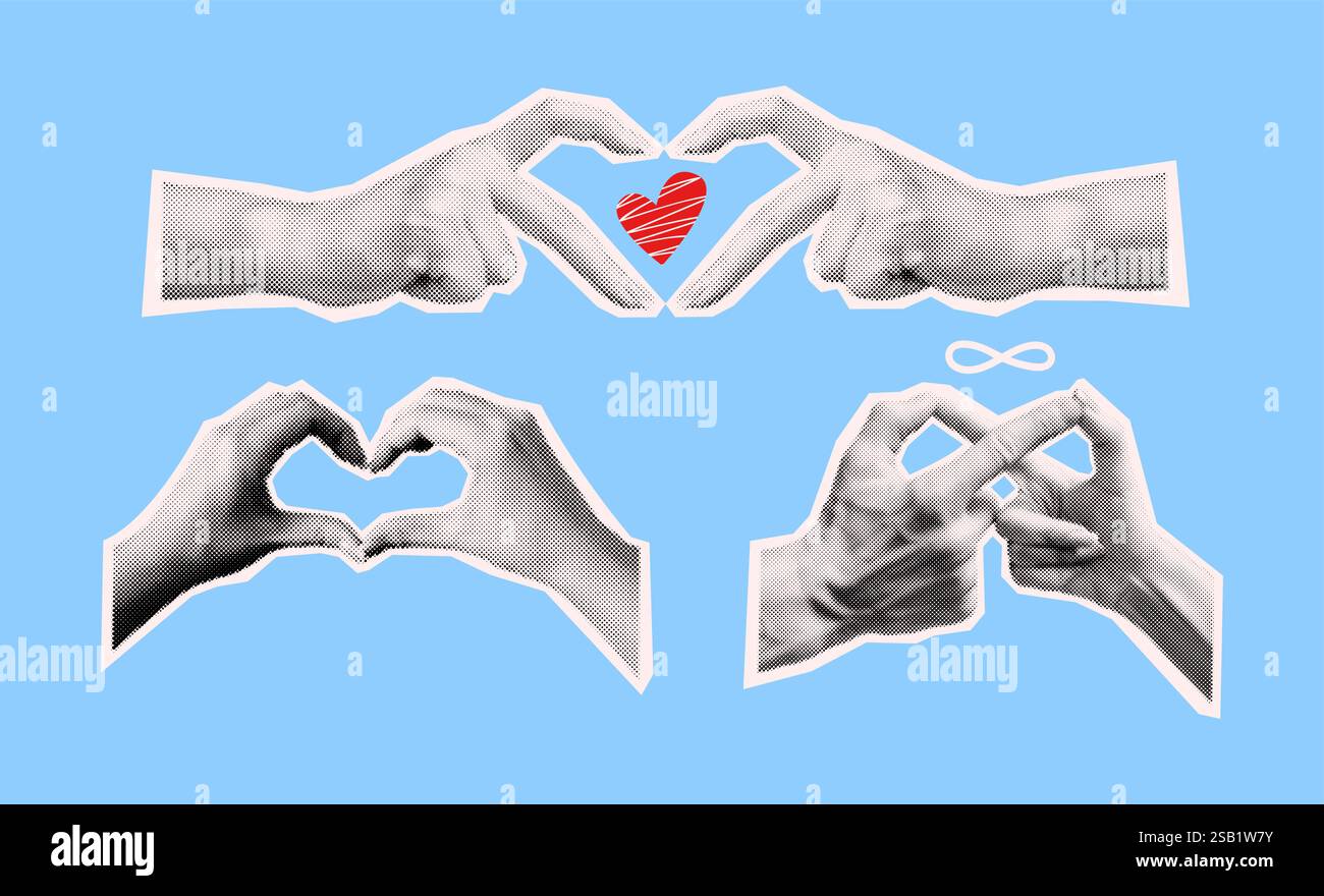 Hands making heart and infinity symbols art collage vector halftone ...