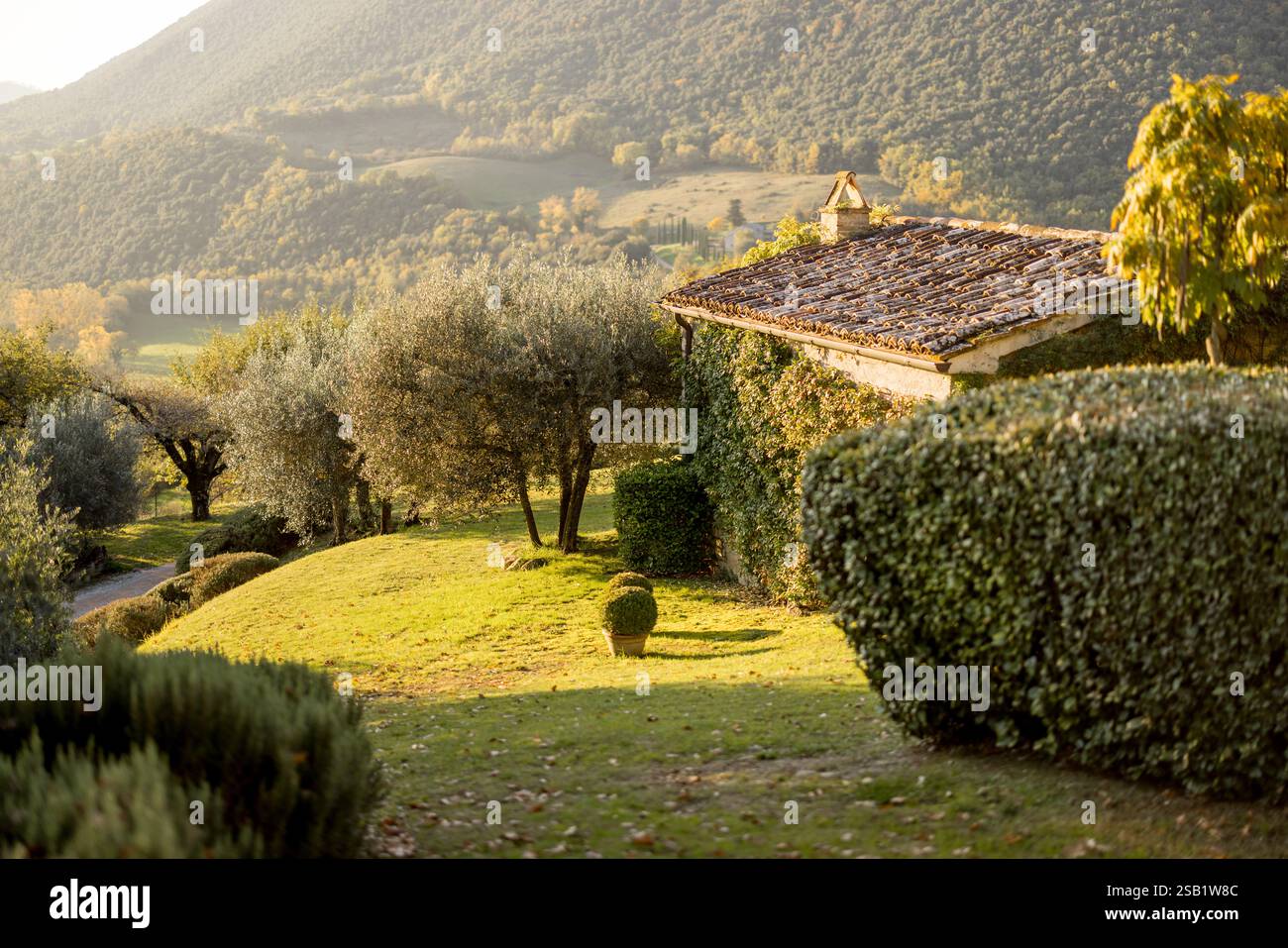 A serene Tuscan landscape featuring rustic houses, lush greenery, and ...