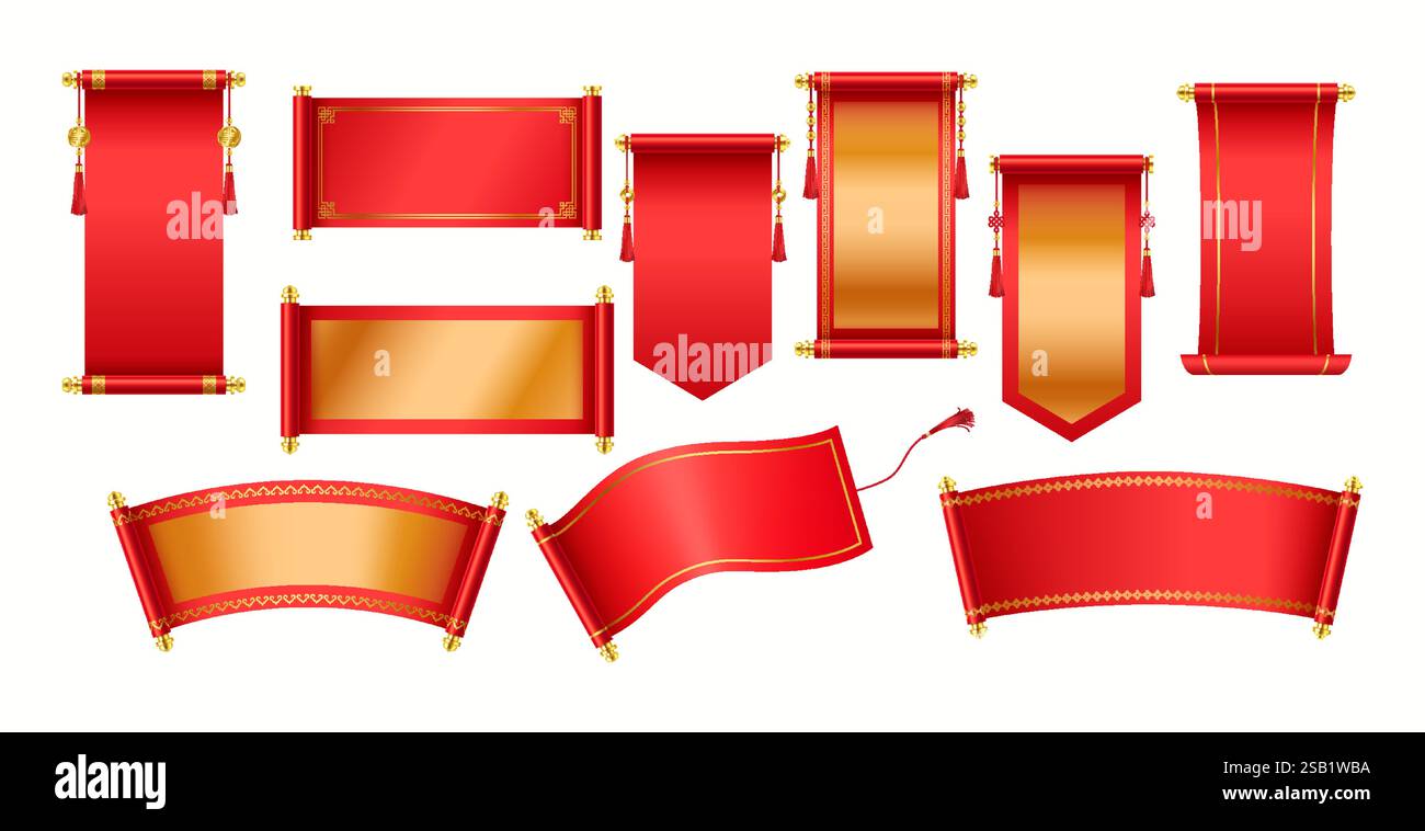Mockup Chinese scrolls for New Year realistic color icons set. Red and ...
