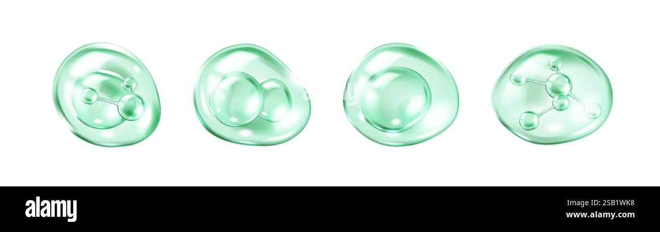 Bouncing collagen molecules within green transparent bubbles realistic ...