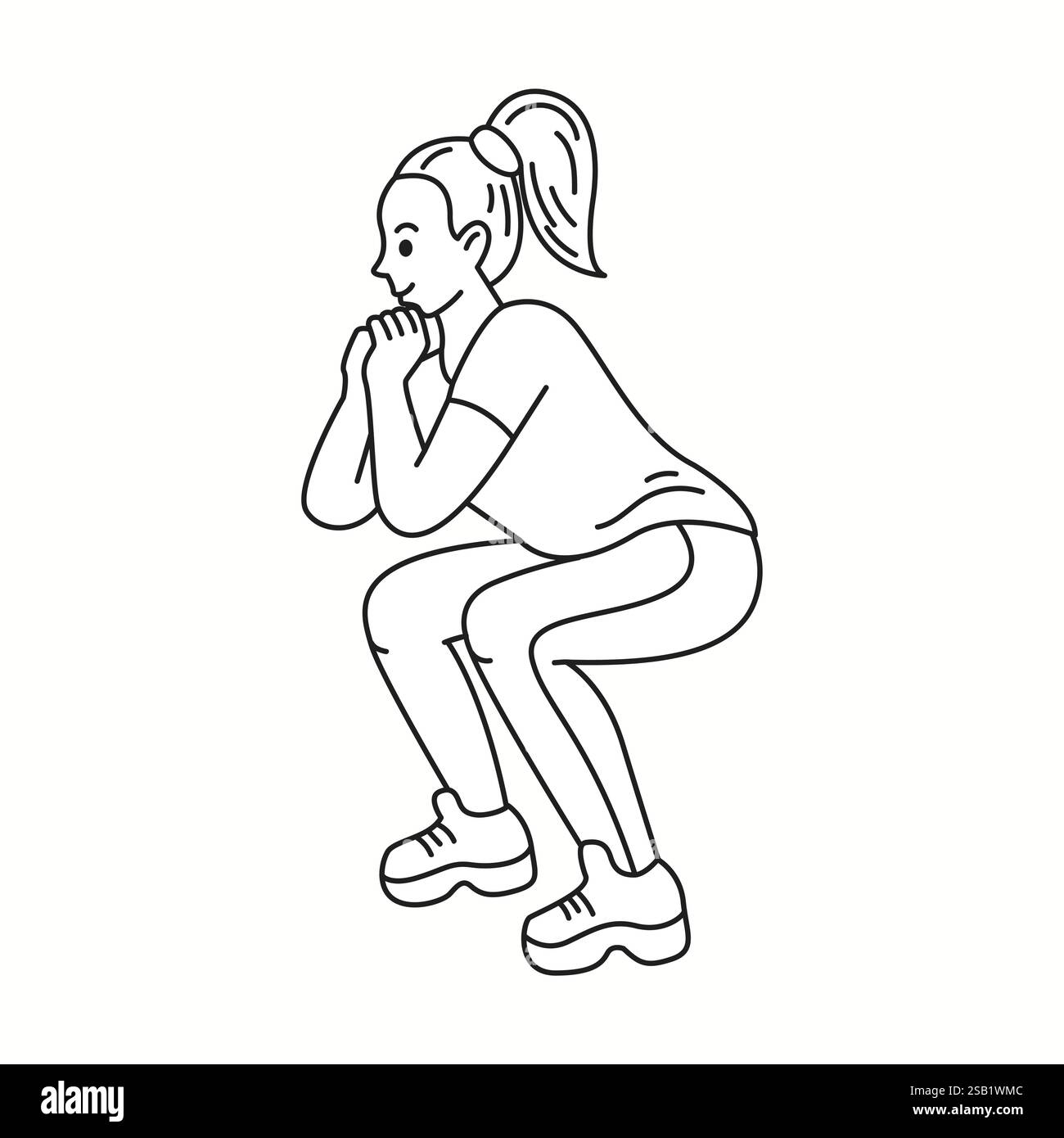 Young woman performs squats during fitness workout linear icon. Female ...
