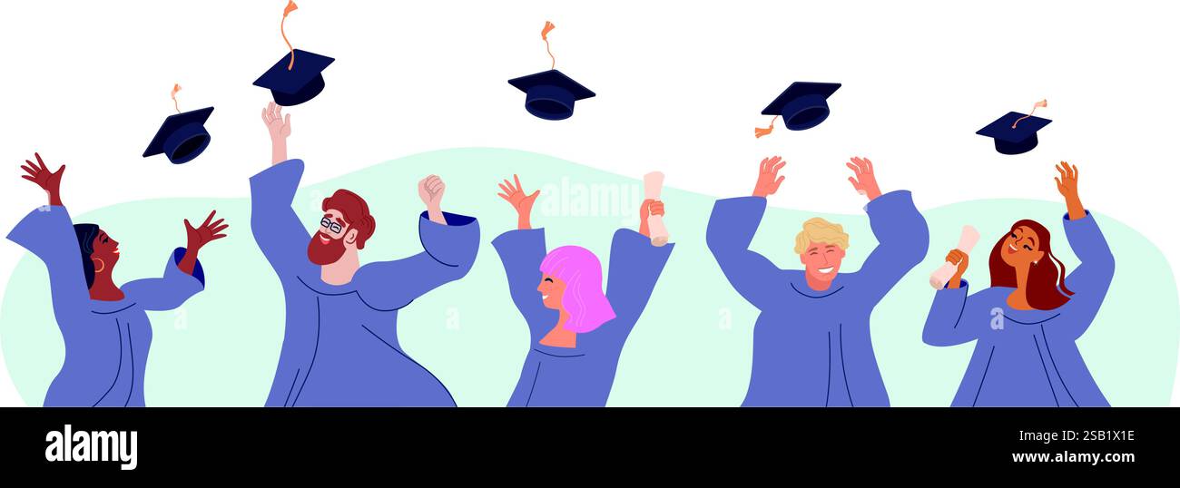 Group of happy graduated students wearing academic dress, gown or robe ...