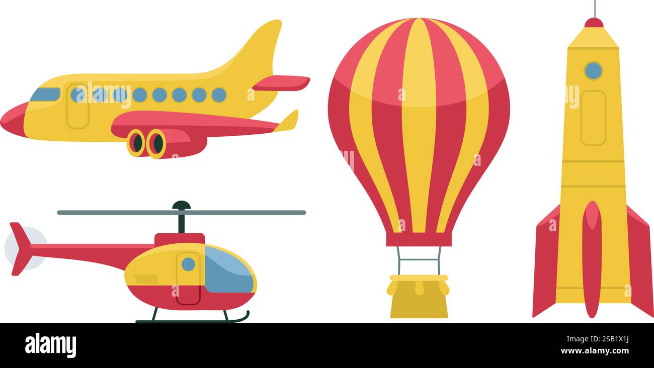 Different modes of air transportation. Airplane, hot air balloon ...