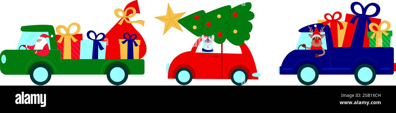Santa Claus team driving car caravan with Christmas tree, gifts and ...