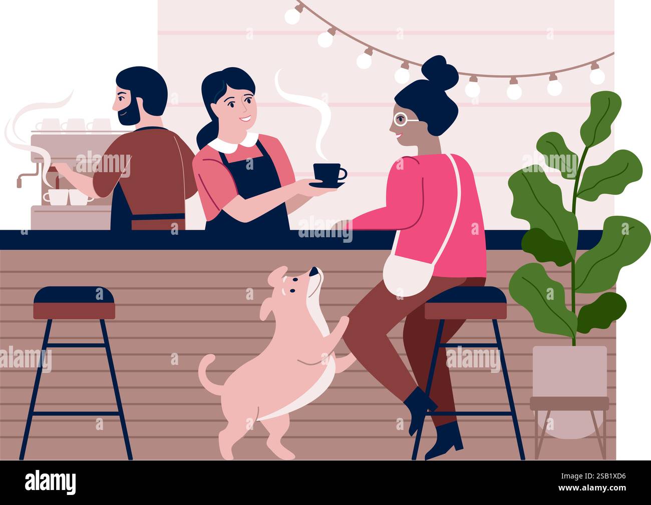 People in a cozy cafe, coffeehouse interior, barista making coffee ...