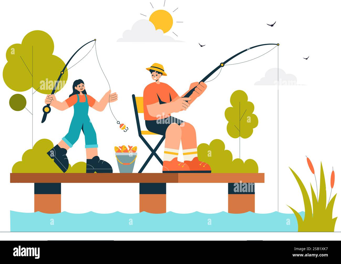 Fishing Leisure Vector Illustration featuring a Fishing Experience with ...