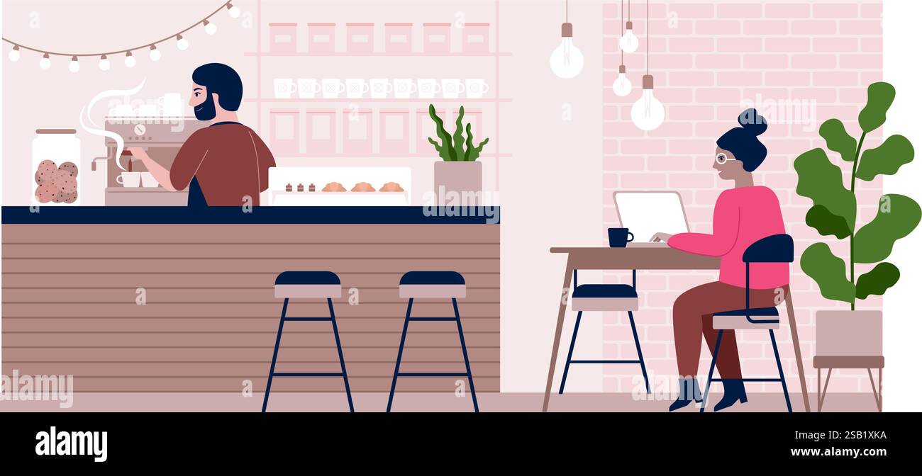 Young woman working at modern coffeehouse Barista making coffee ...