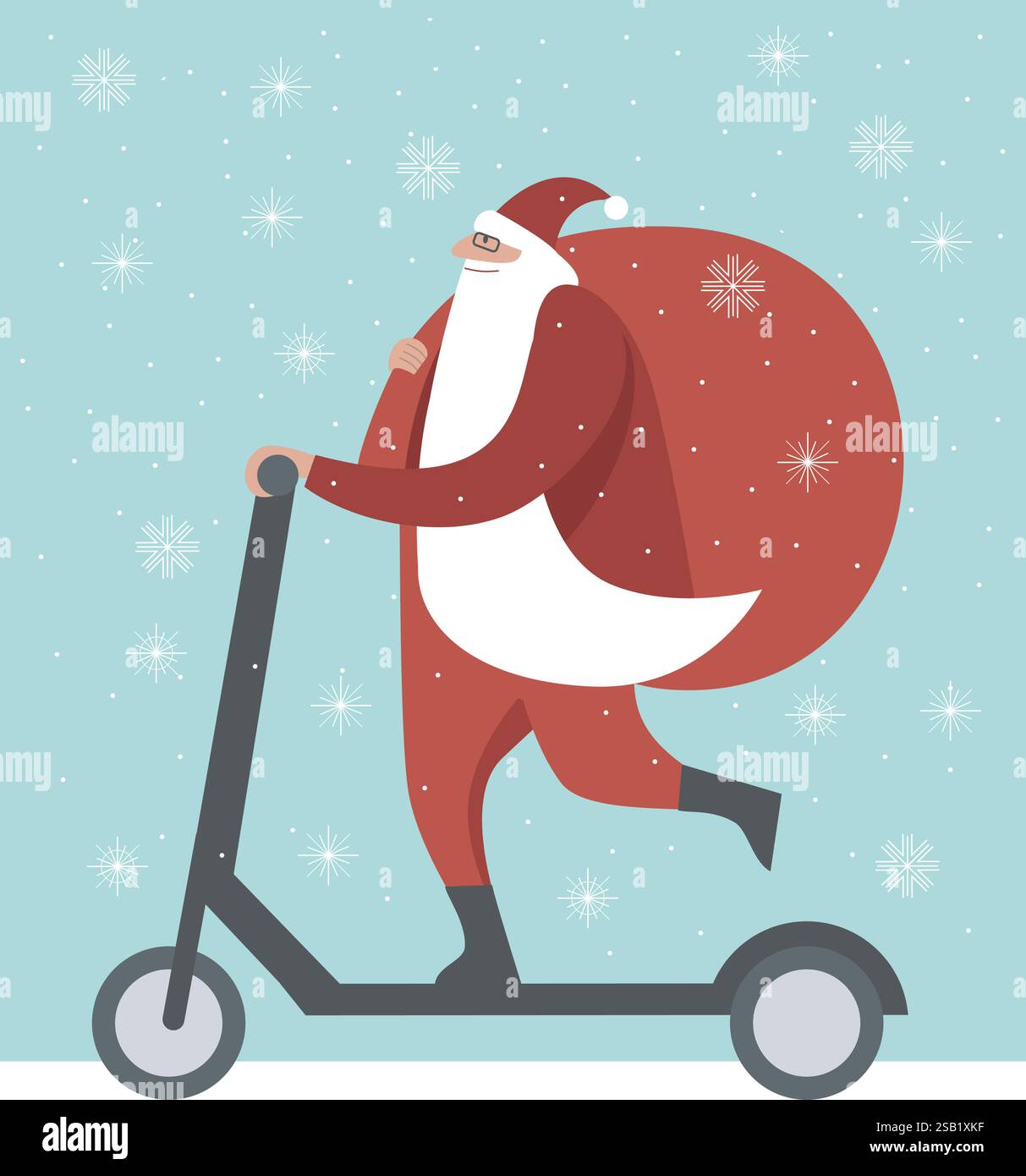 Santa Claus riding scooter and carrying a huge sack of presents. Flat ...