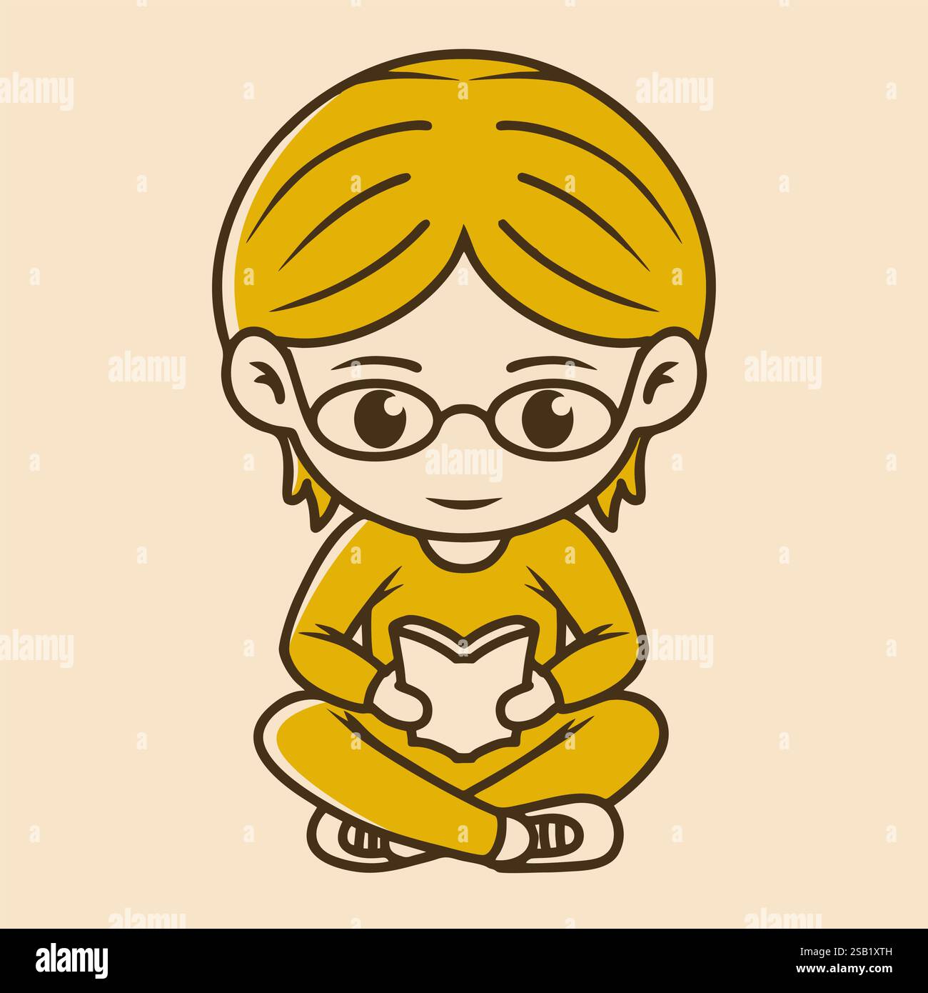 Bookworm chibi mascot character reading a book, sitting cross legged in ...