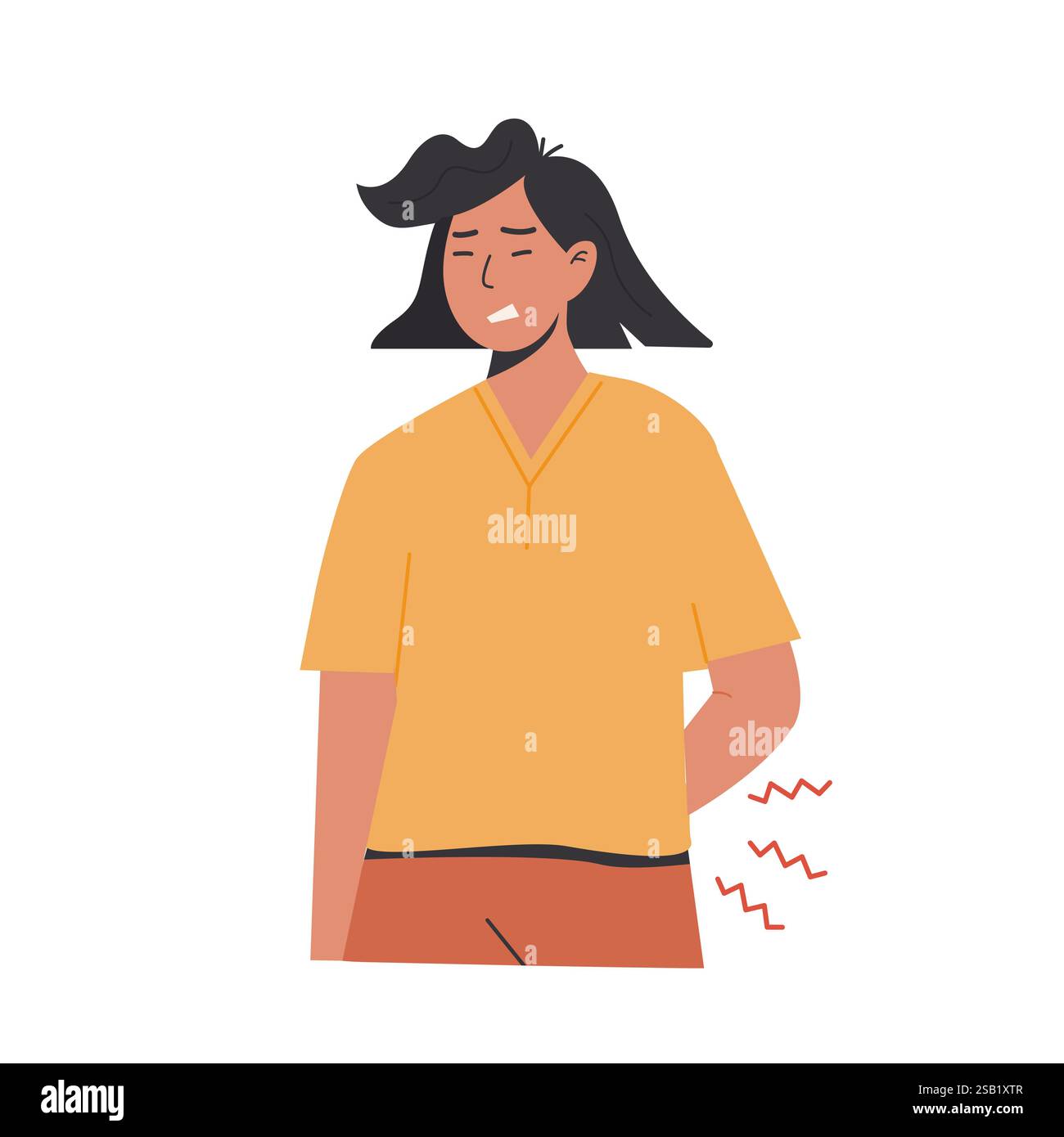 Young woman suffering from lower back pain while holding her side in ...