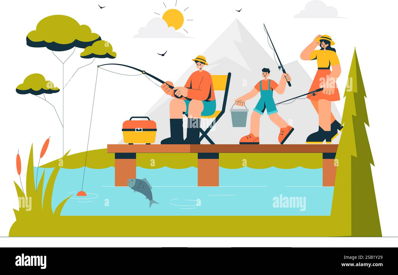Fishing Leisure Vector Illustration featuring a Fishing Experience with ...