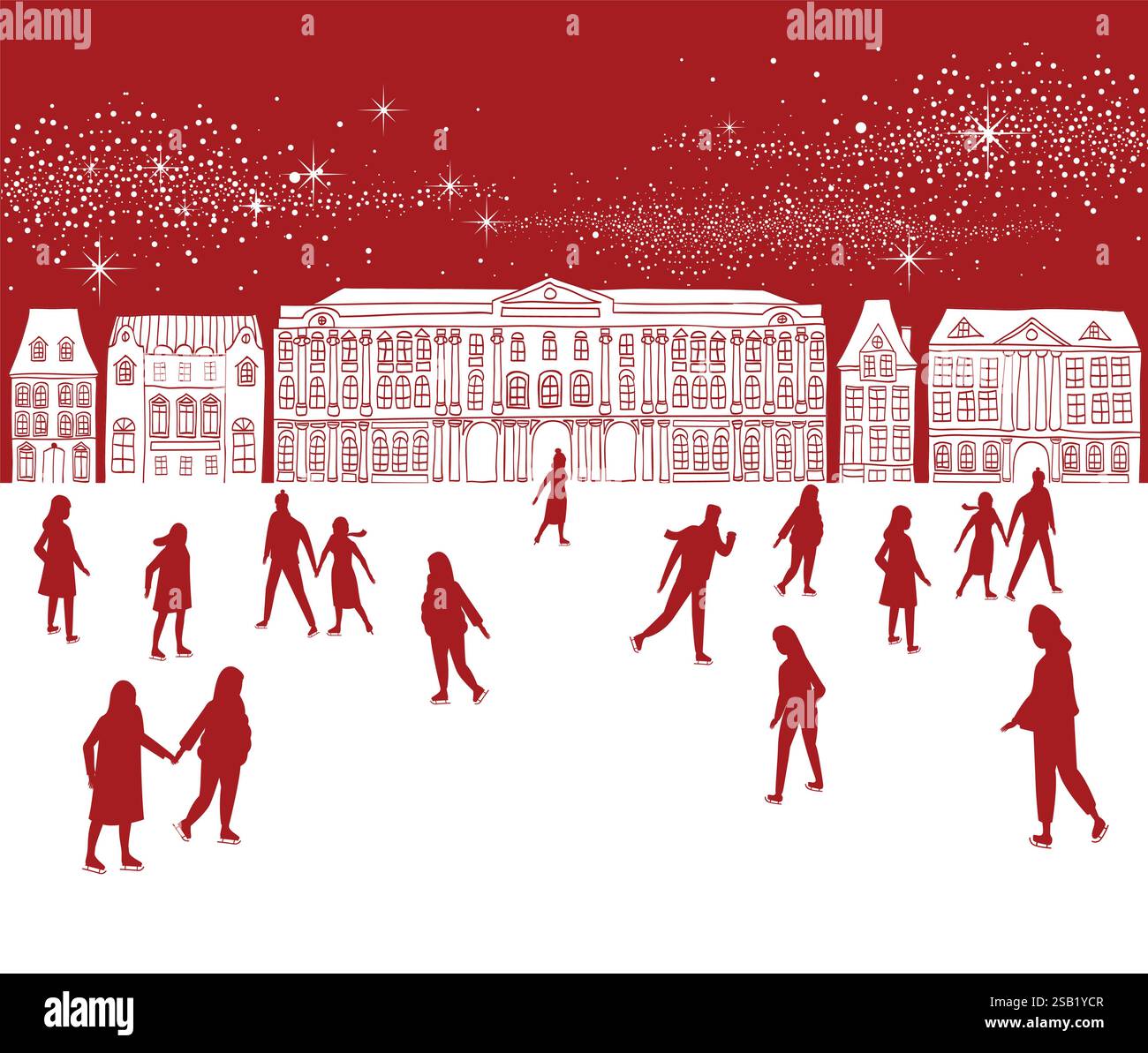 Ice skating rink with old architecture houses on the background. Croud ...