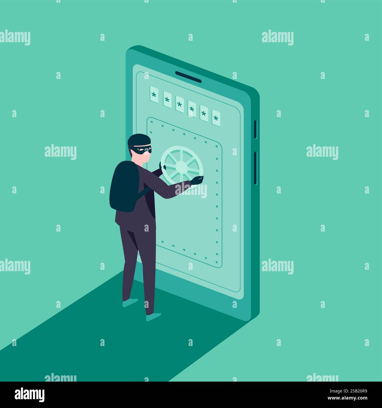 Mobile Phone Security Concept. Man in a black mask hacking into a smartphone. Cyber attacker ...