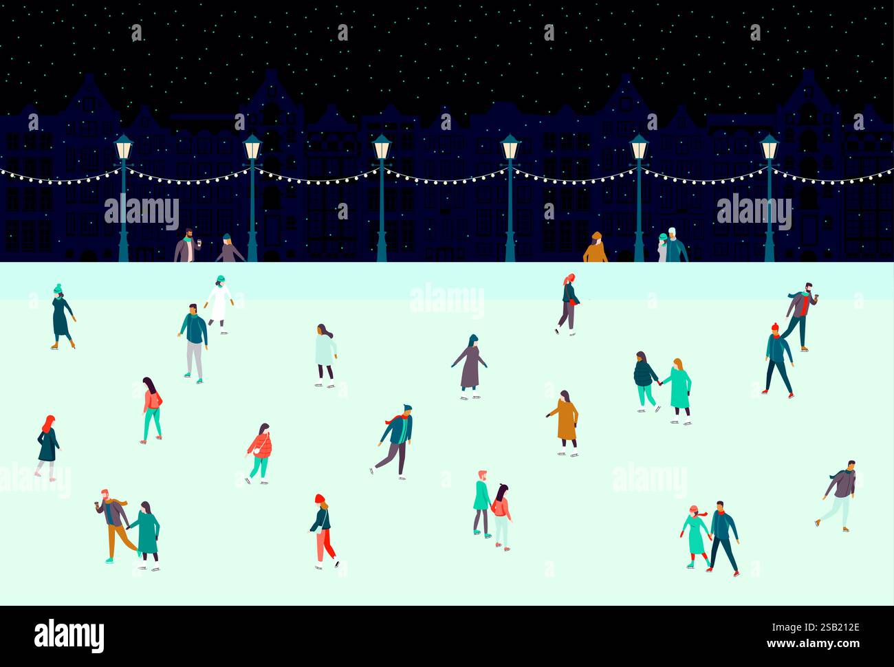 Happy people skating on the ice rink. Old city houses on the background ...