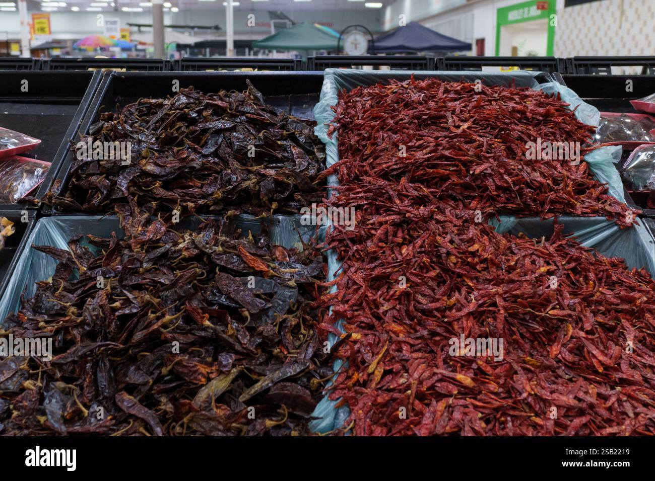 Tree chile and guajillo chile on supermarket shelves.Variety of chili ...