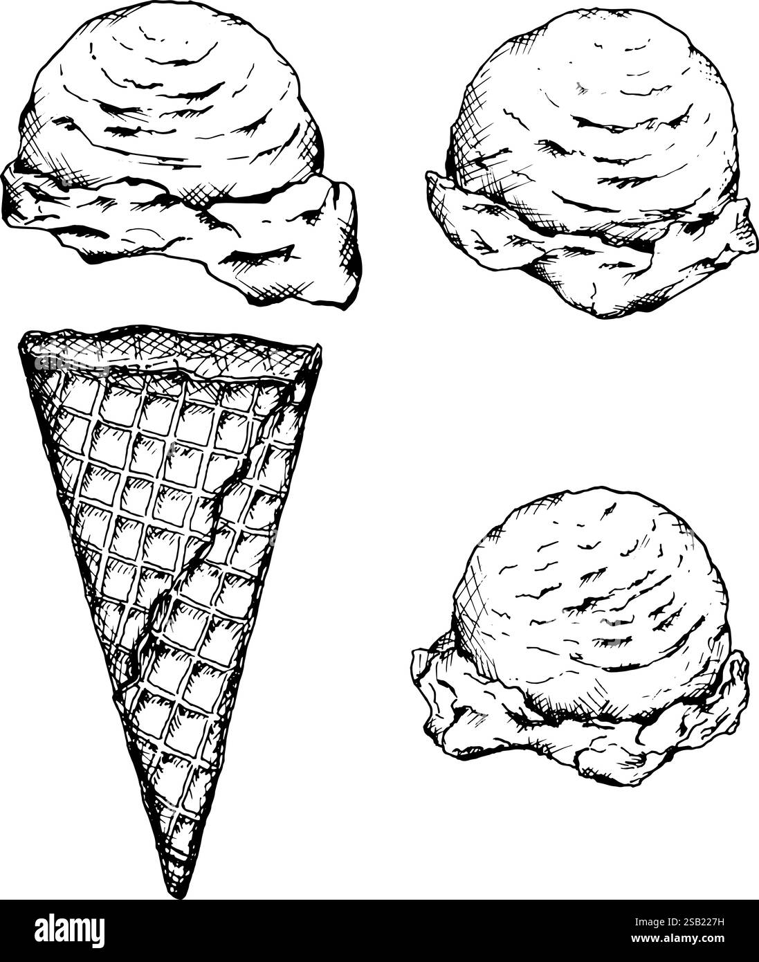 Hand drawn ink vector illustration of an ice cream cone with scoops ...