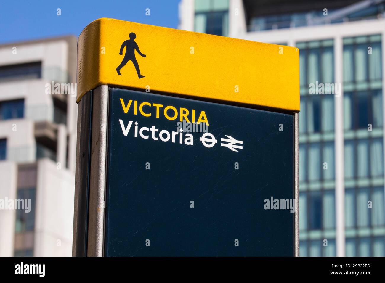 London, UK - April 19th 2024: A pedestrian sign at Victoria in London ...