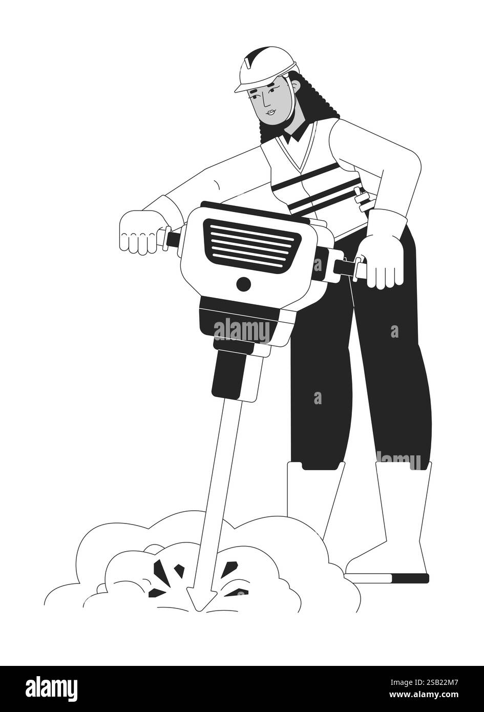 Female road construction worker with jackhammer linear illustration ...