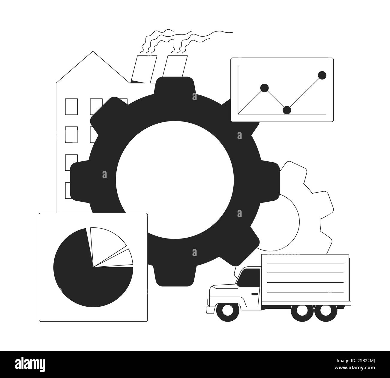 Industry, logistics and data analysis black and white 2D illustration ...