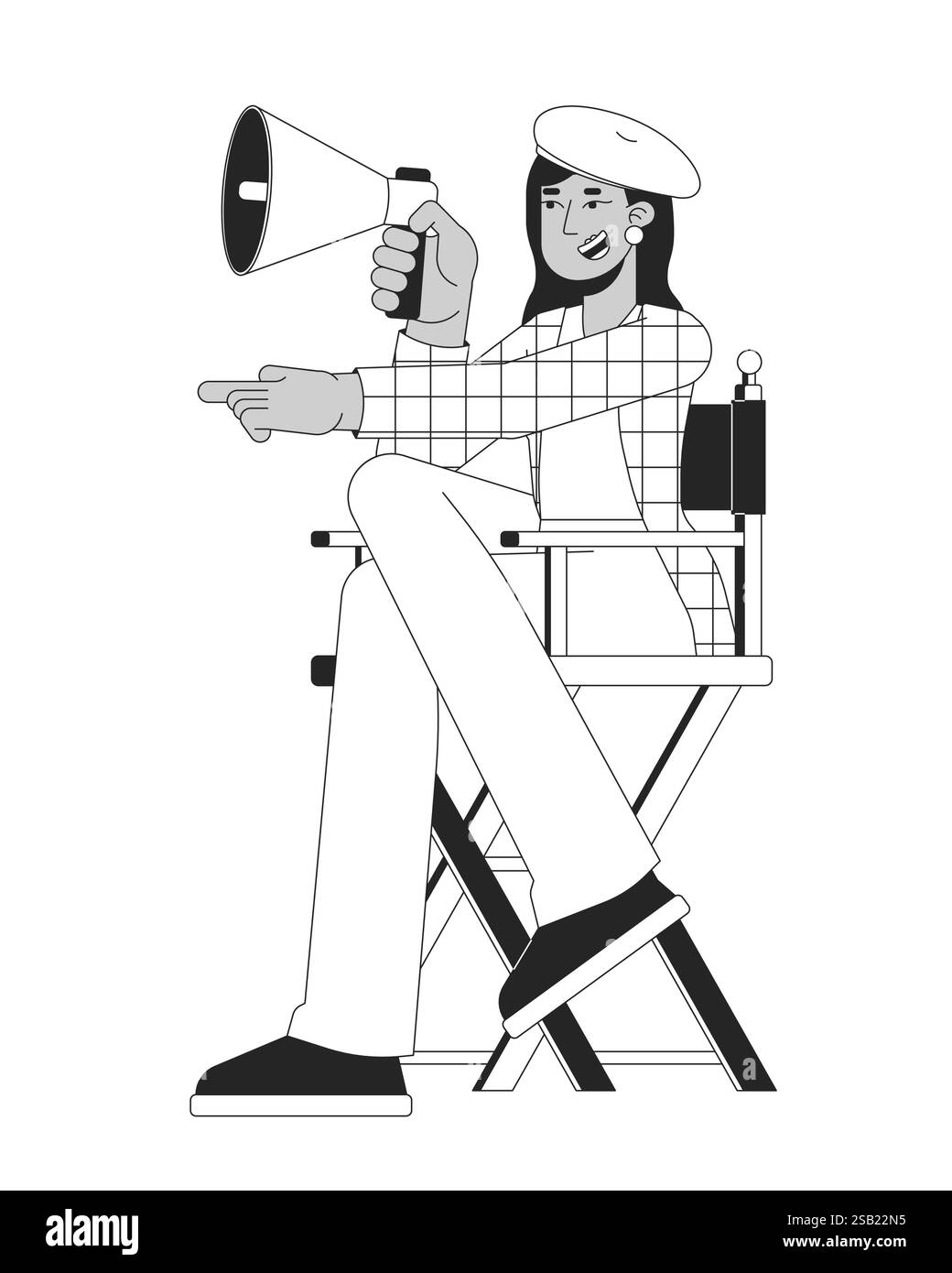 Female film director on chair with megaphone linear illustration. Movie ...
