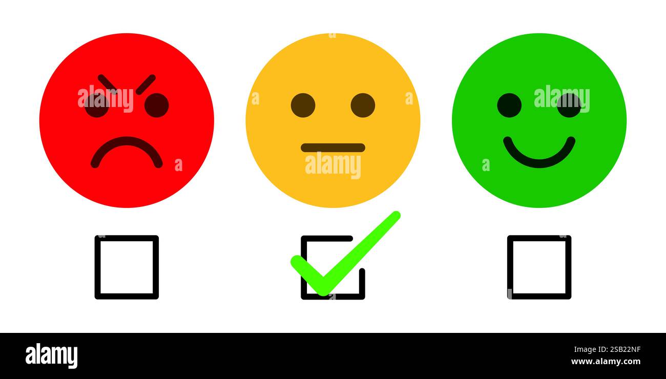 Rating emoji icon set with check box sign for taking customer's ...