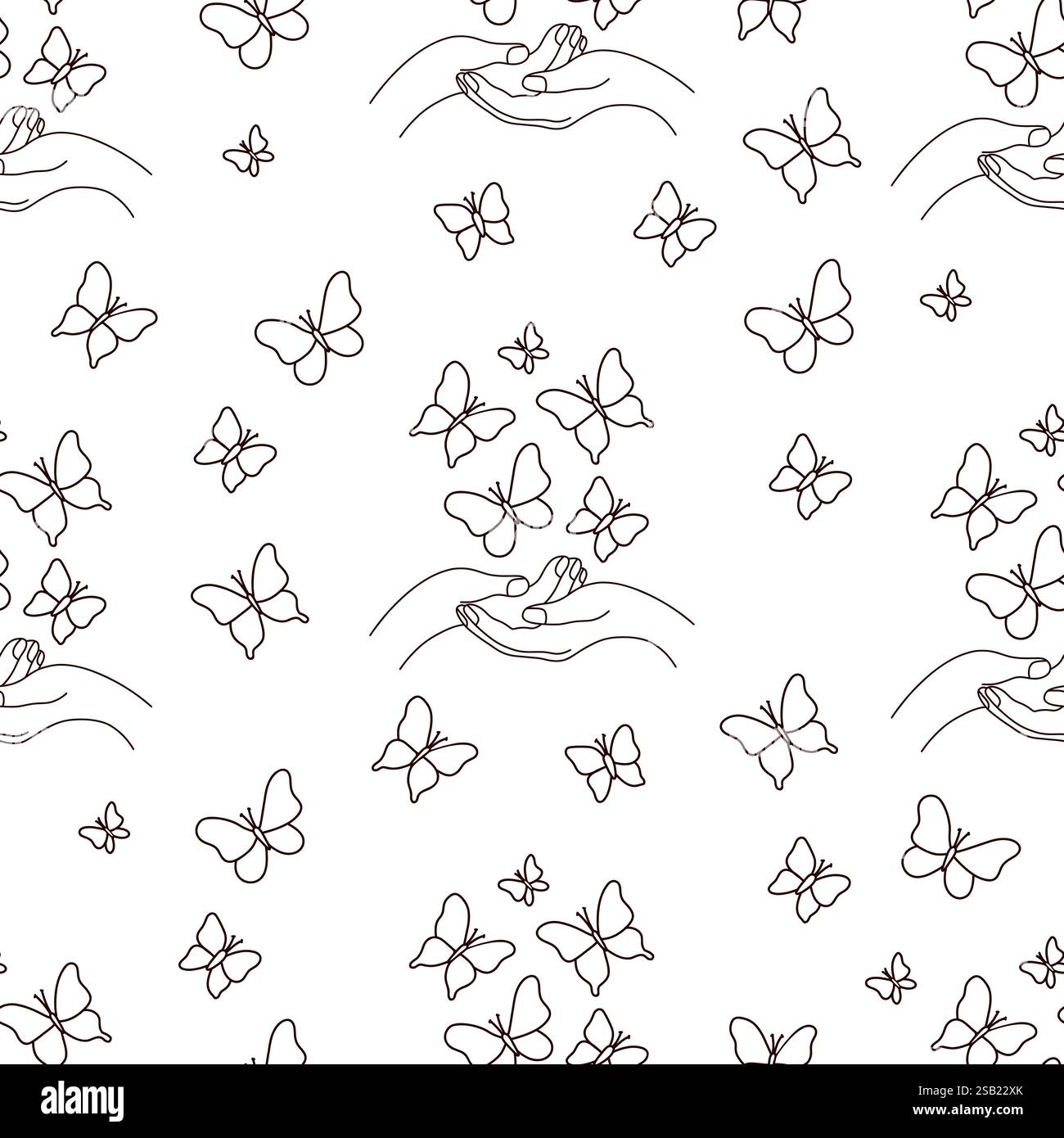 Seamless pattern. Outline butterflies fly out from palms of hands on ...