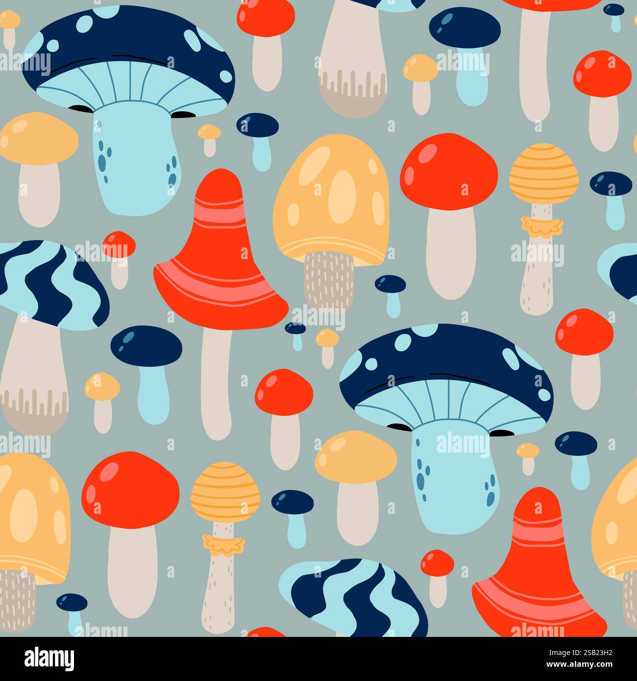 Colorful mushroom pattern featuring red, blue, and yellow fungi on a ...