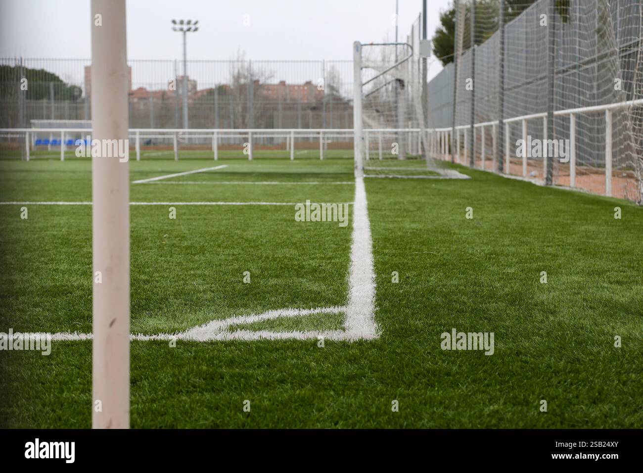 Corner of a soccer field where you can see the goal and the white lines ...