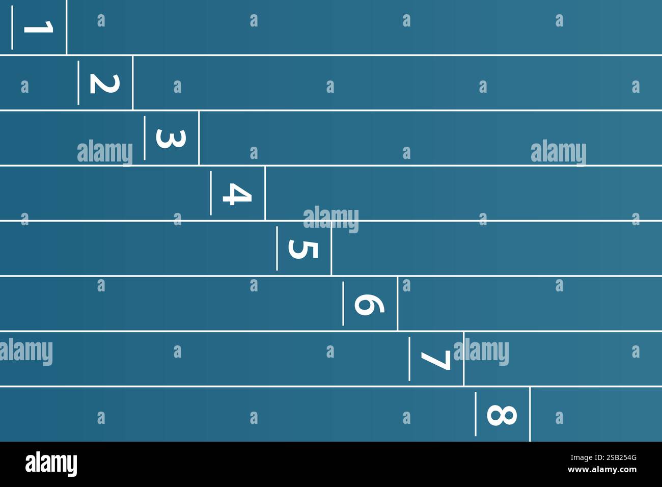 Staggered blue running track with eight numbered lanes marked by white ...