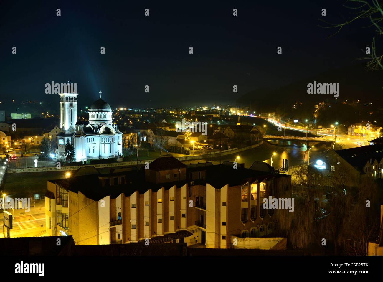 Night view of the european route E60 as it passes through Sighisoara ...