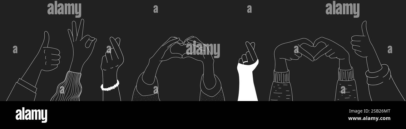 Doodle sketch hands up gestures comic icons silhouettes vector set ...