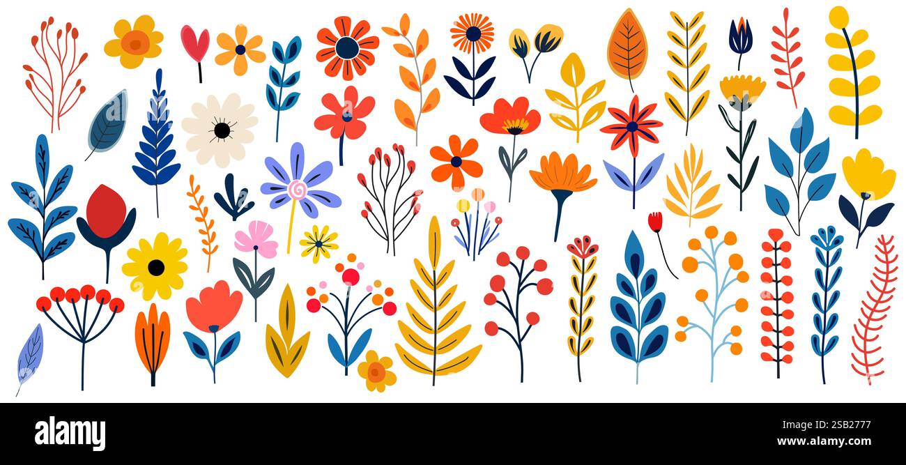Abstract Hand drawn wildflowers, set flowers and leaves, flat icons ...