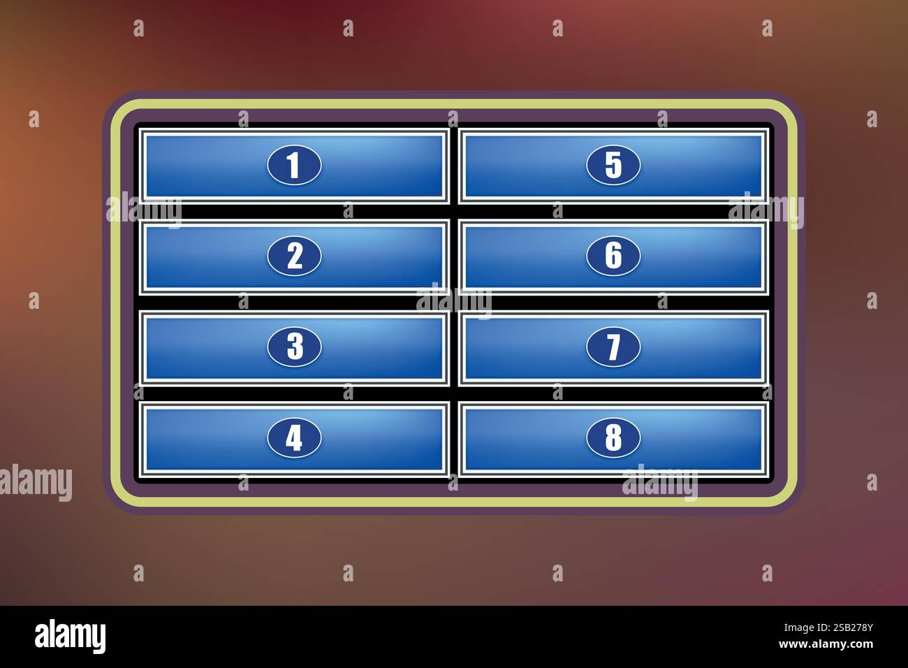 Game show scoreboard with blue panels displaying answers, points, and a ...