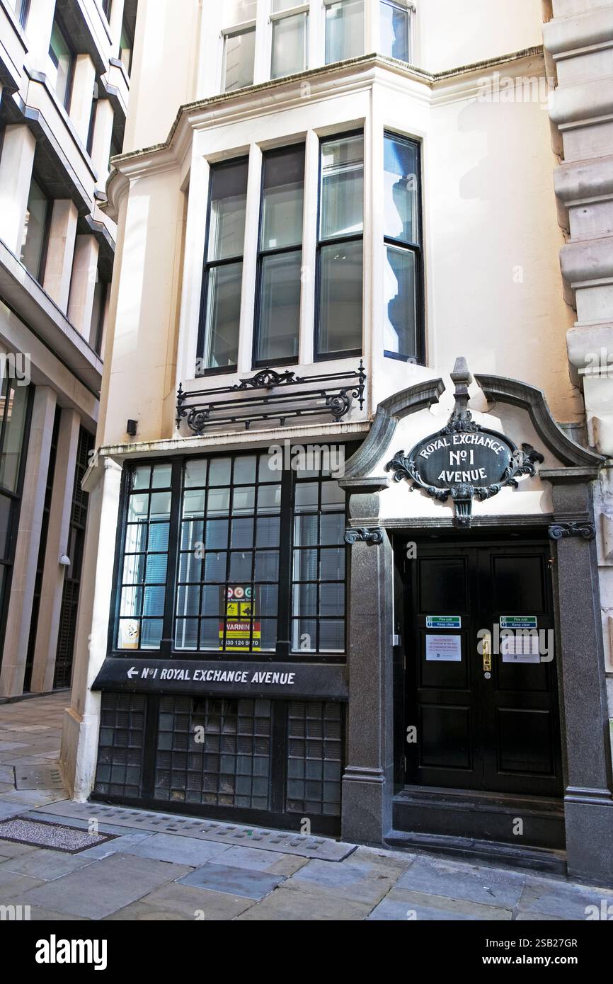 No 1 Royal Exchange Avenue sign building exterior vertical view London ...