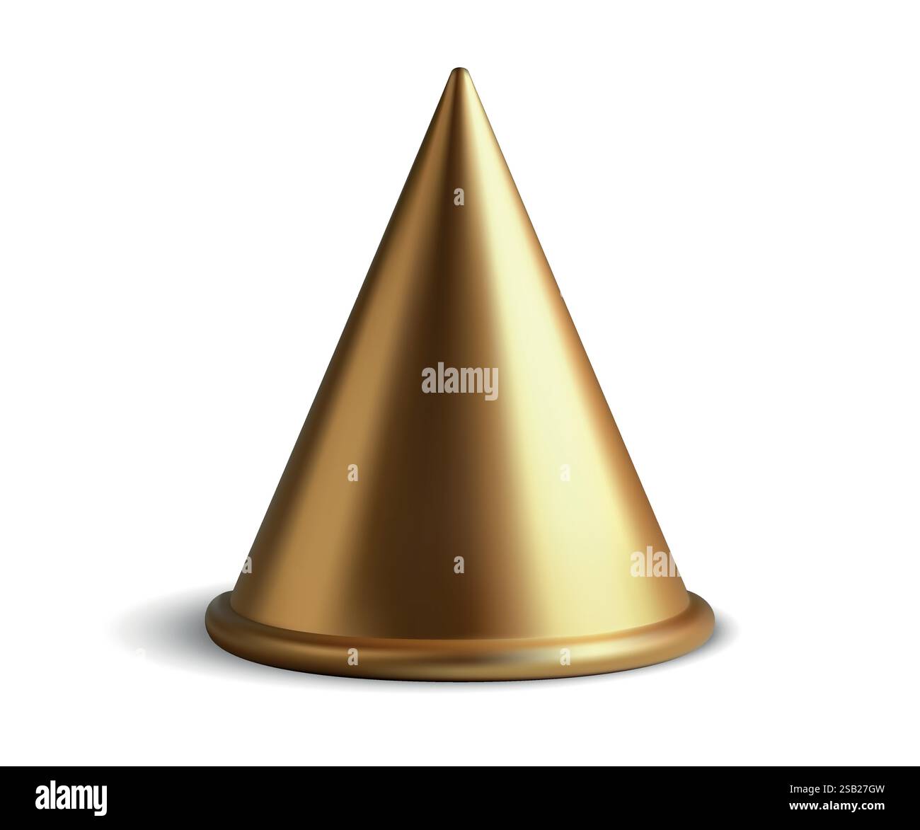 A sleek, golden cone with a reflective surface placed on a clean white ...