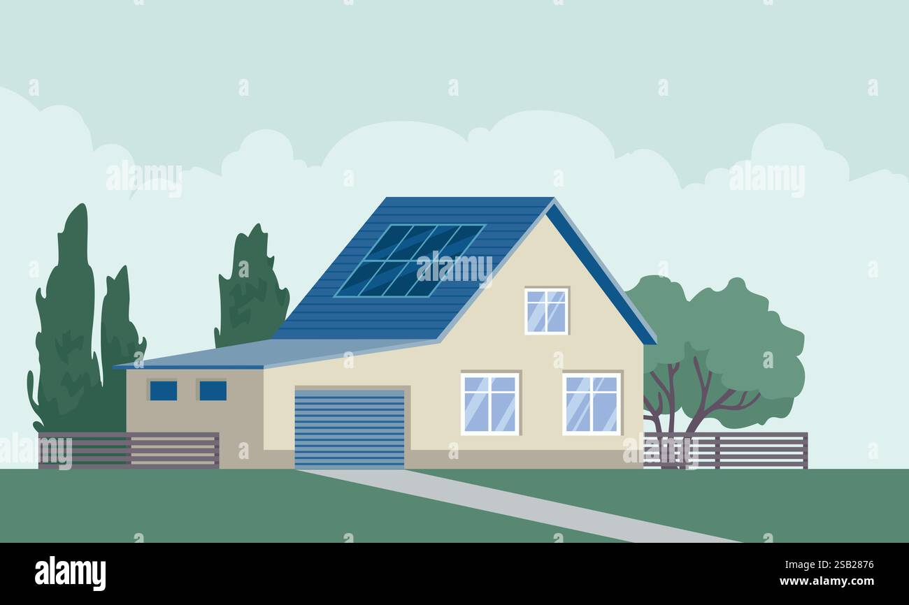 Residential house with solar panels on the roof. Private cottage. Flat ...